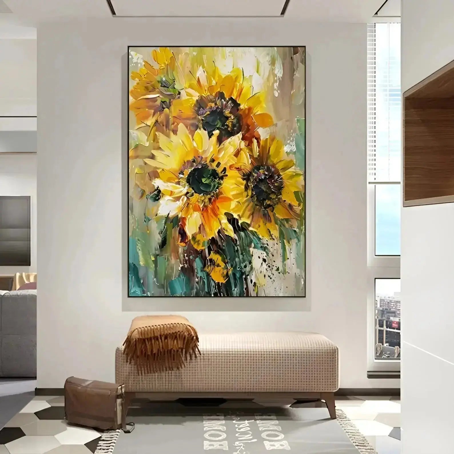 Abstract sunflower painting PA#093 | Yellow & green textured wall art ...